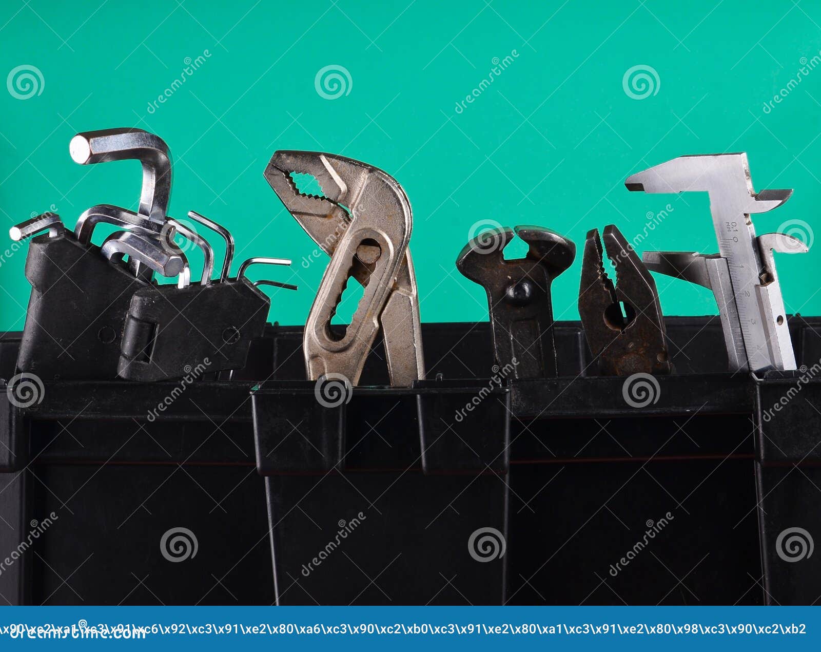 Garage Plastic Tool Box with Working Tools Isolated on Blue. Nippers ...