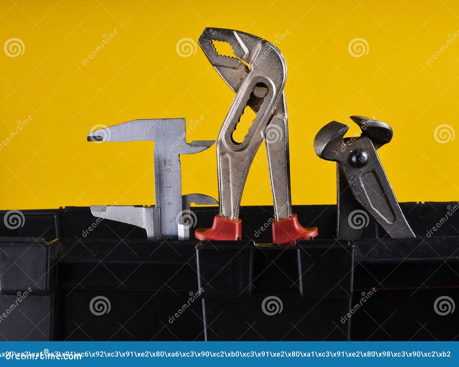 Garage Plastic Tool Box With Working Tools Isolated On Blue. Nippers ...