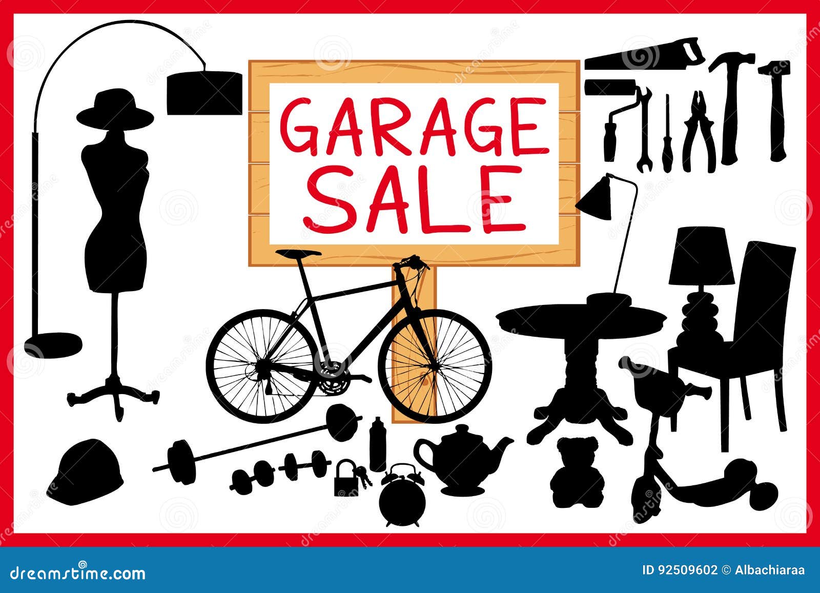 Garage Sale Woodboard Red Cleanout Illustration With Wooden Signboard