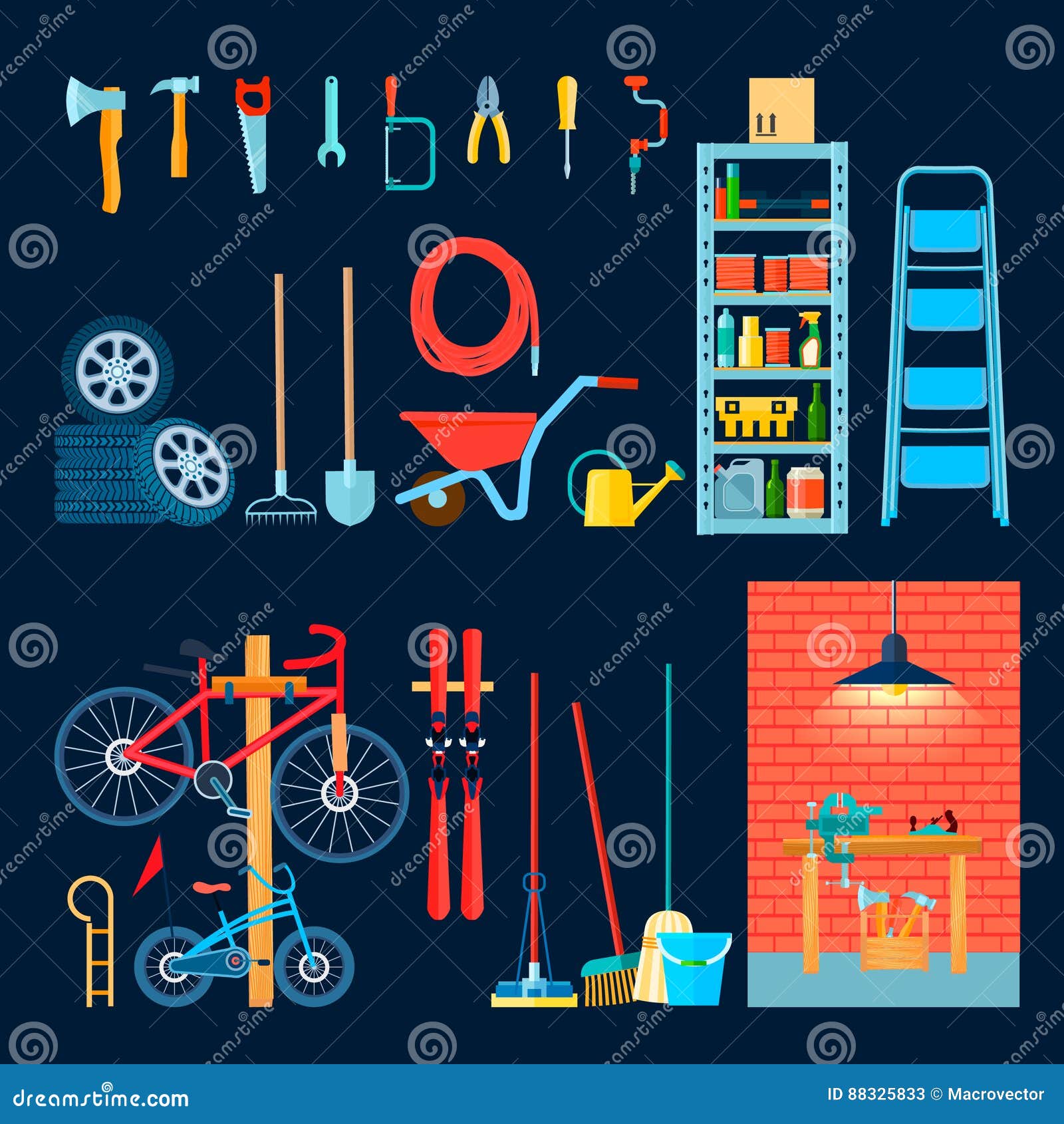 Garage Workshop Interior Elements Stock Vector - Illustration of object ...