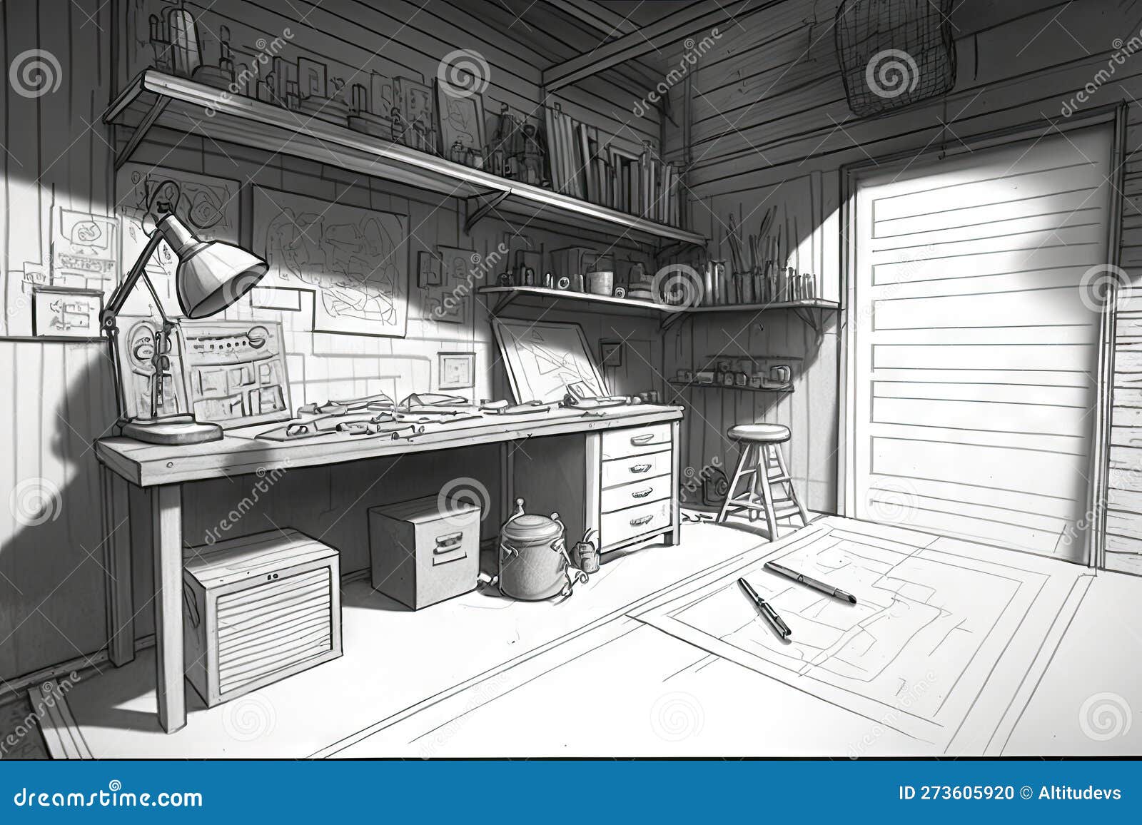 A Garage Workspace with Tools, Parts and Drawings for a Project ...