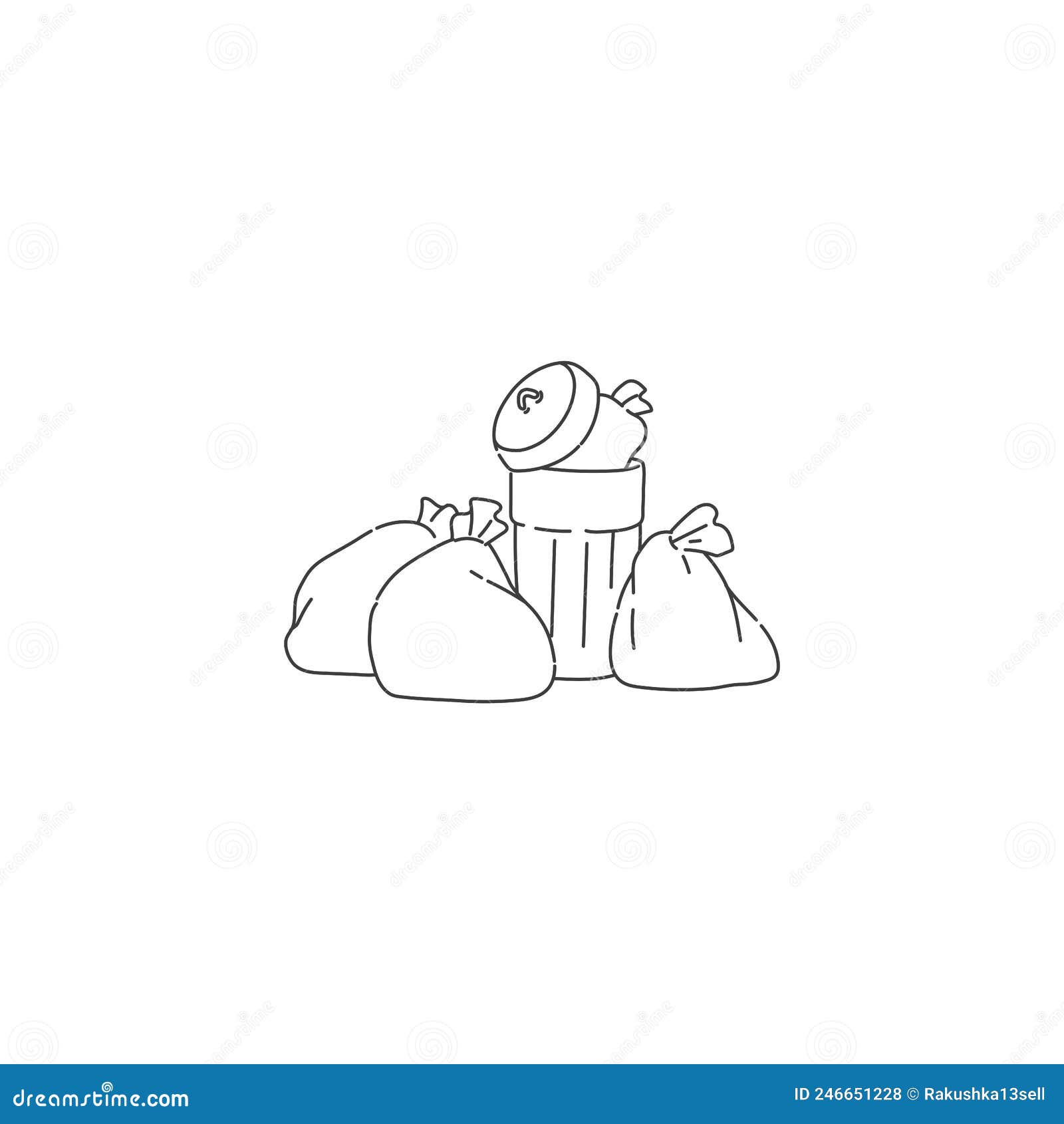 Garbage in Bag and Bin. Vector Contour Black White Line Doodle ...