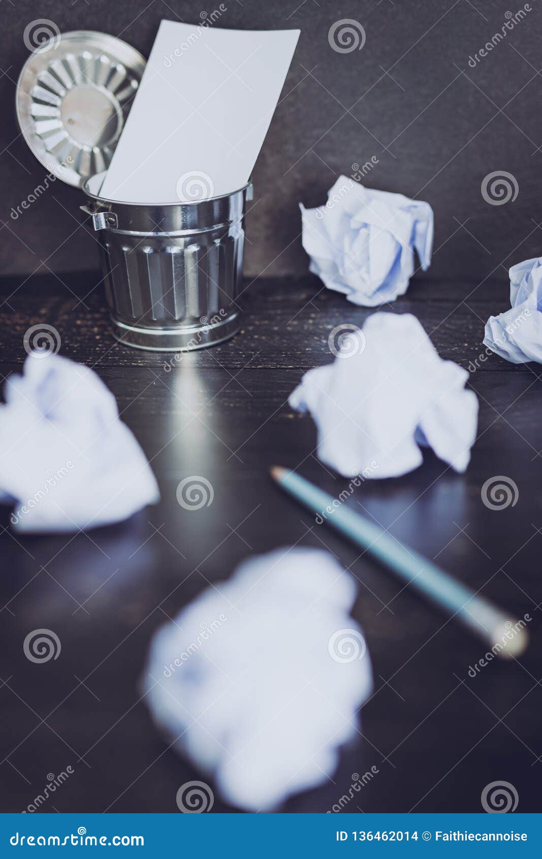 Garbage Bin on Desk Setting with Empty Notepad and Scrunched Paper ...