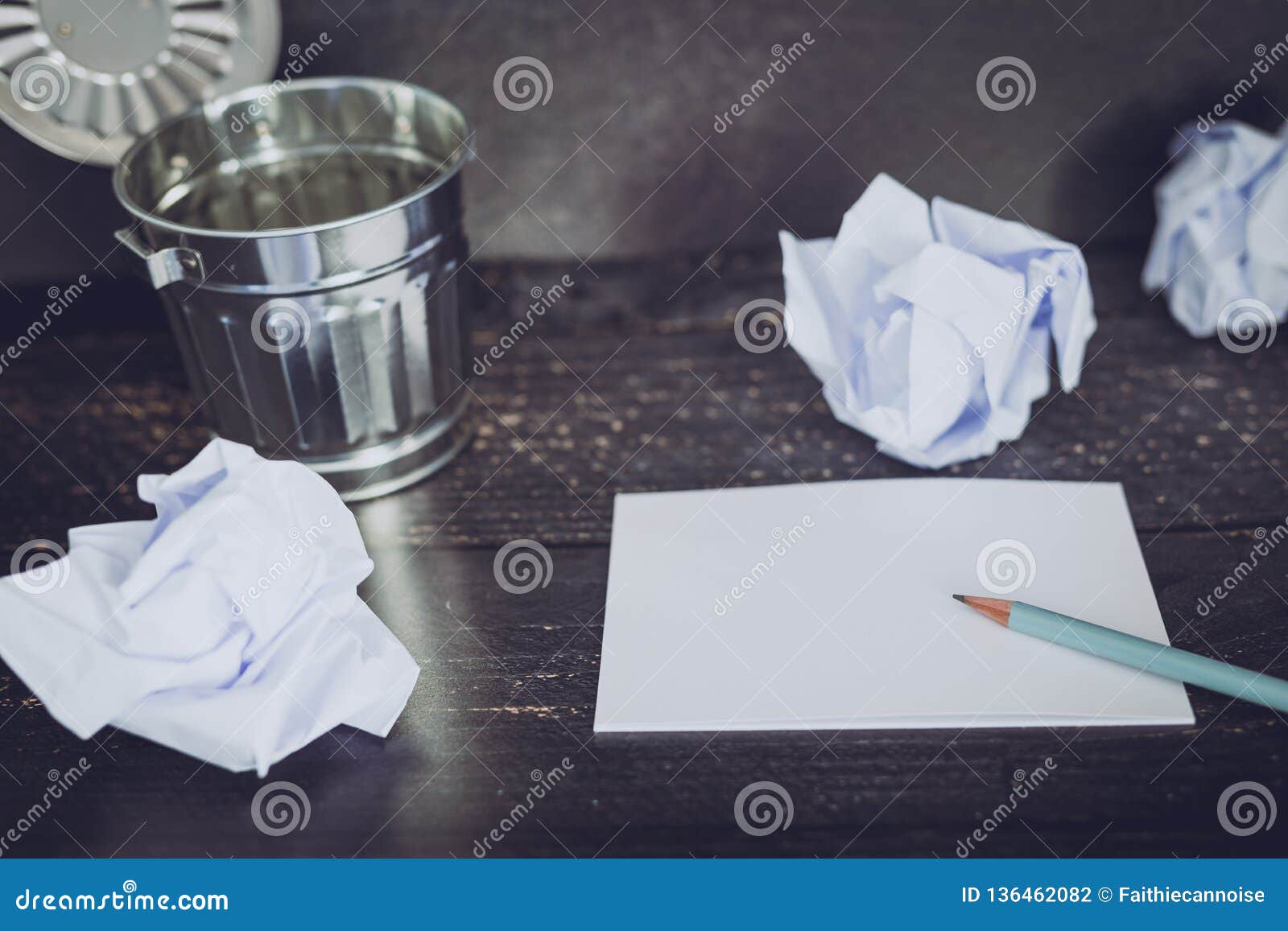 Garbage Bin on Desk Setting with Empty Notepad and Scrunched Paper ...