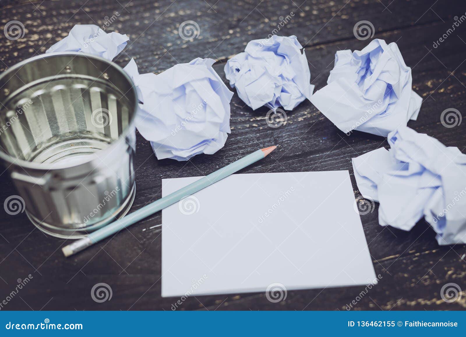 Garbage Bin on Desk Setting with Pencil Notepad and Scrunched Paper ...