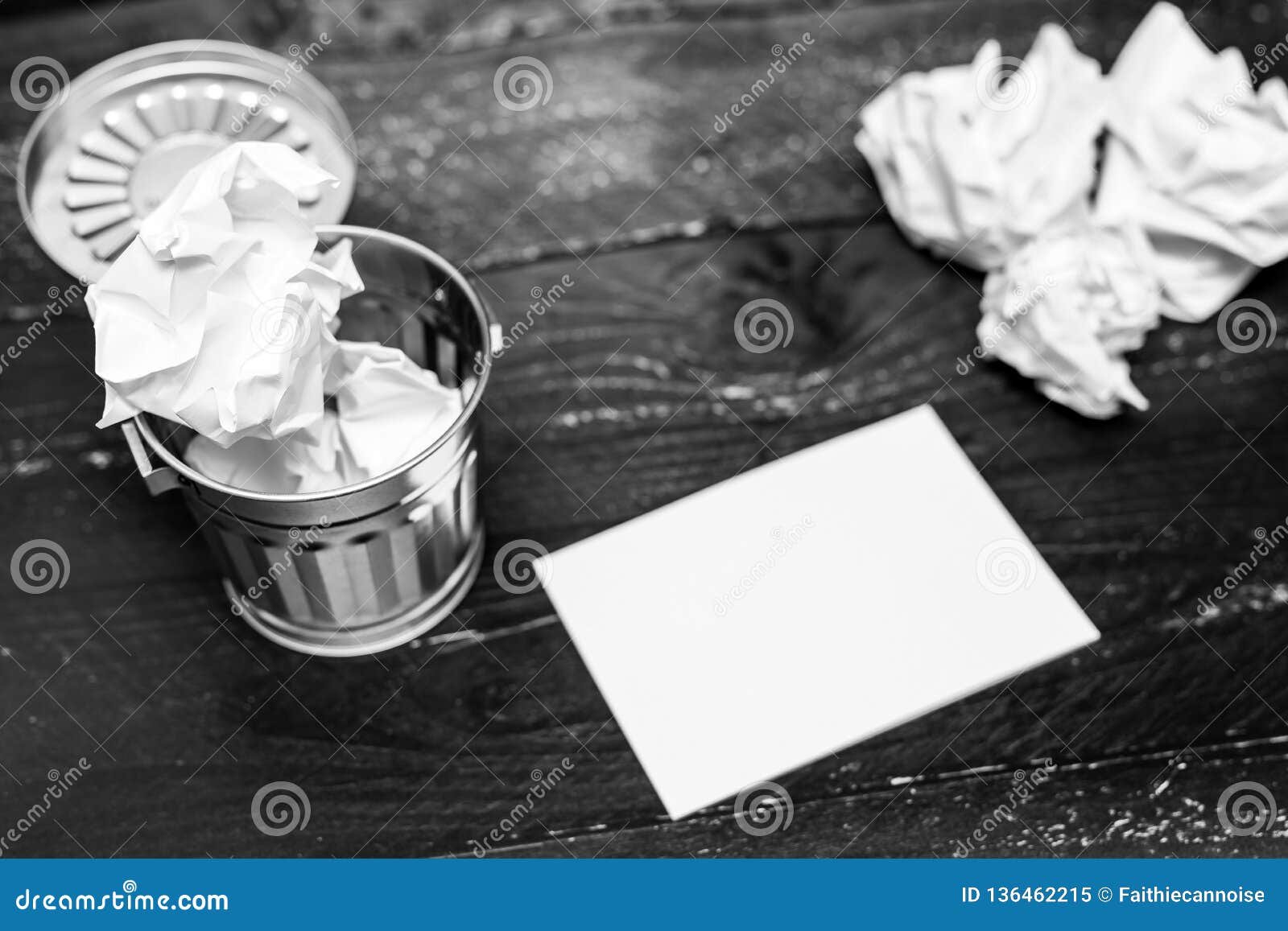Garbage Bin on Desk Setting with Pencil Notepad and Scrunched Paper ...