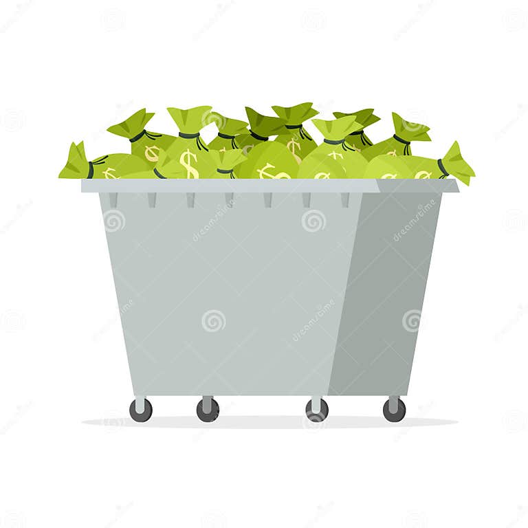 Garbage bin full of money stock vector. Illustration of concept - 120556001