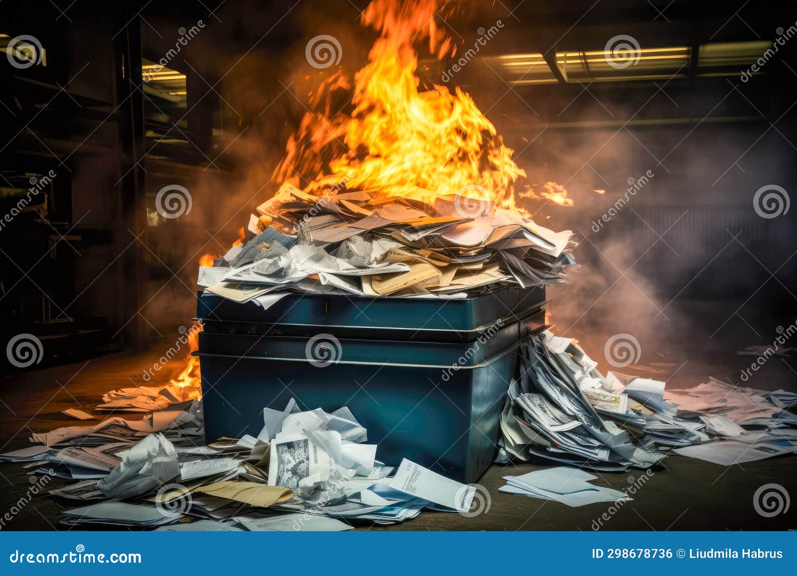 Garbage Bin Full of Paper Waste Burning in the Fire at Night Stock ...