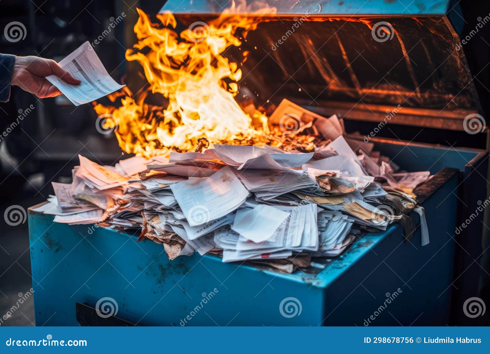 Garbage Bin Full of Paper Waste Burning in the Fire at Night Stock ...