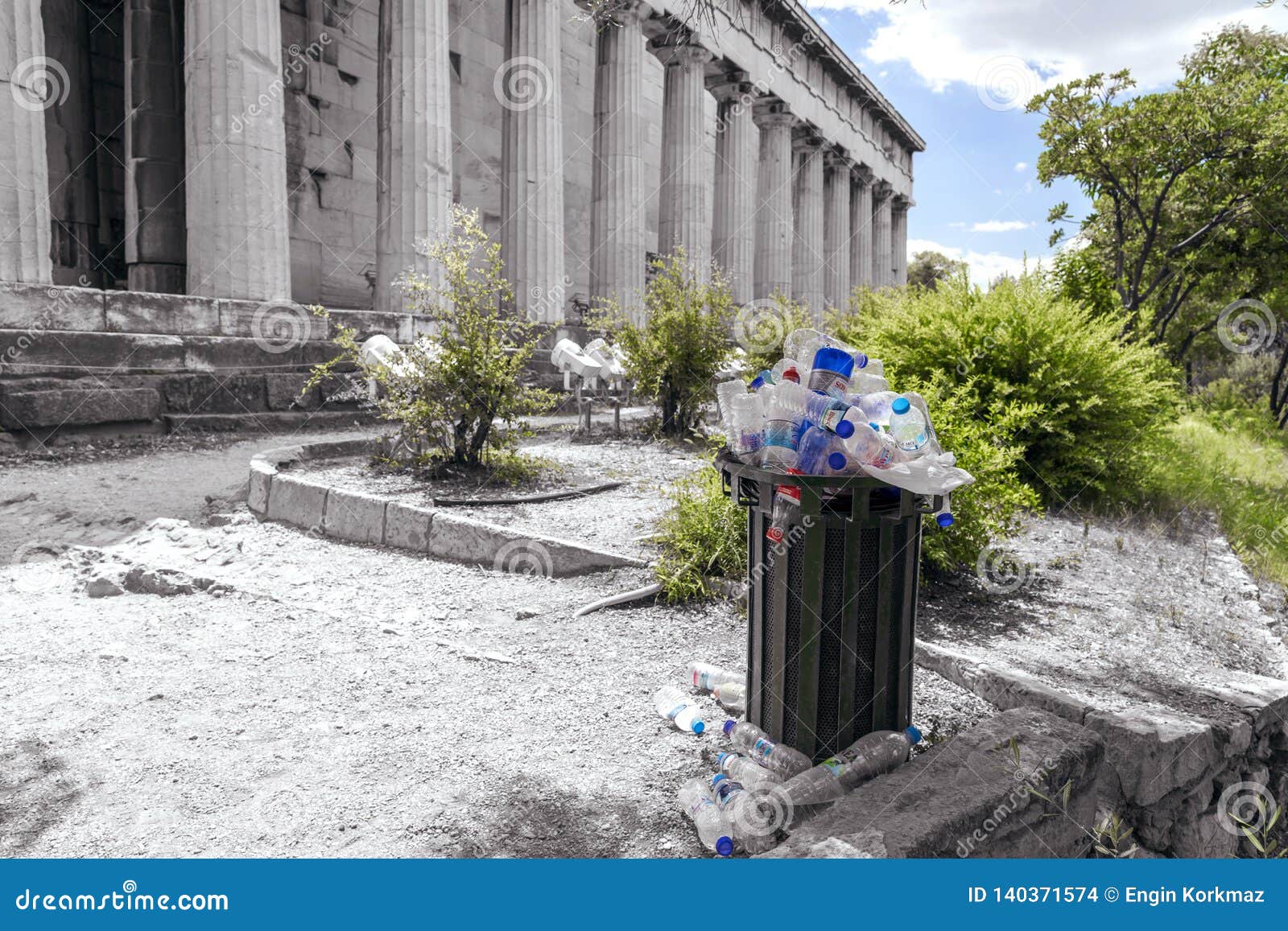 Garbage Bin Full of Plastic Bottles at the Temple of Hephaestus Athens ...
