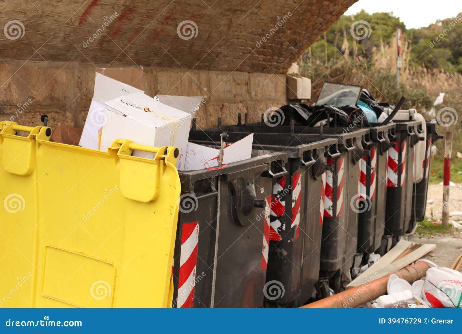 Garbage Bins Overflowing Angled View Stock Image - Image of scene ...
