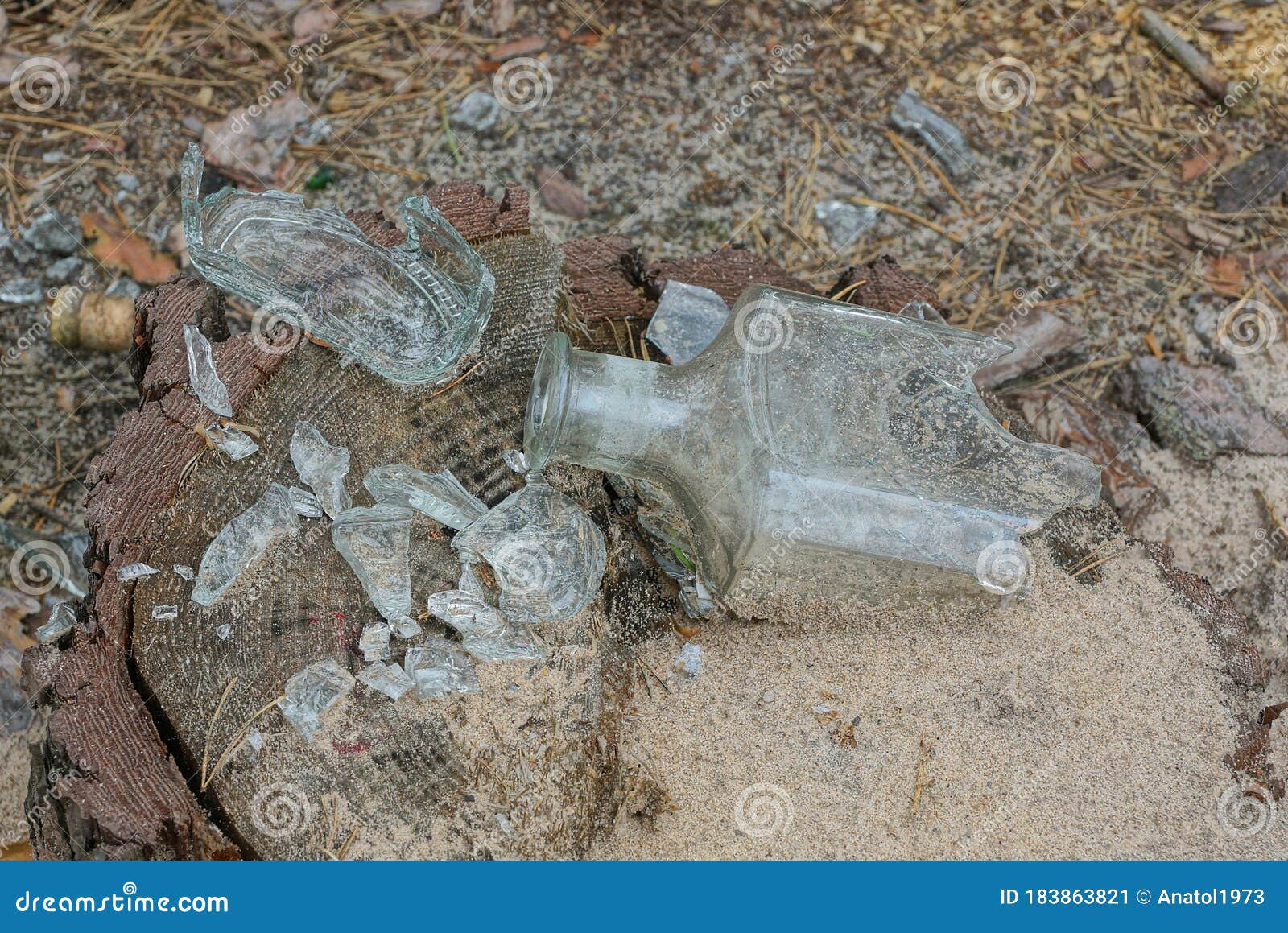 Garbage from a Broken White Bottle and Pieces of Glass in the Sand ...