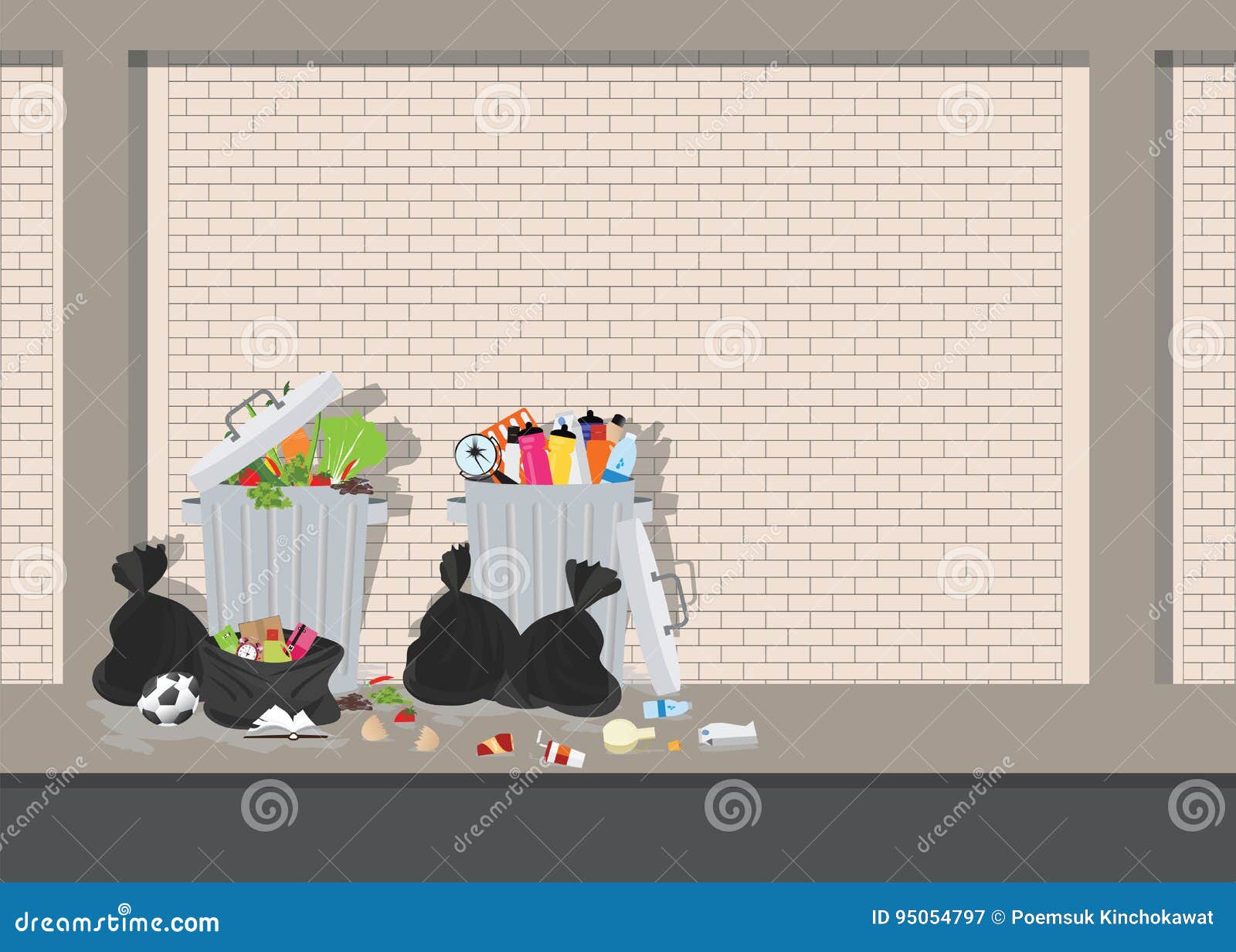 Garbage Can Full of Overflowing Trash on Brick Background. Stock Vector ... Garbage Can Full of Overflowing Trash on Brick Background. Stock Vector ...