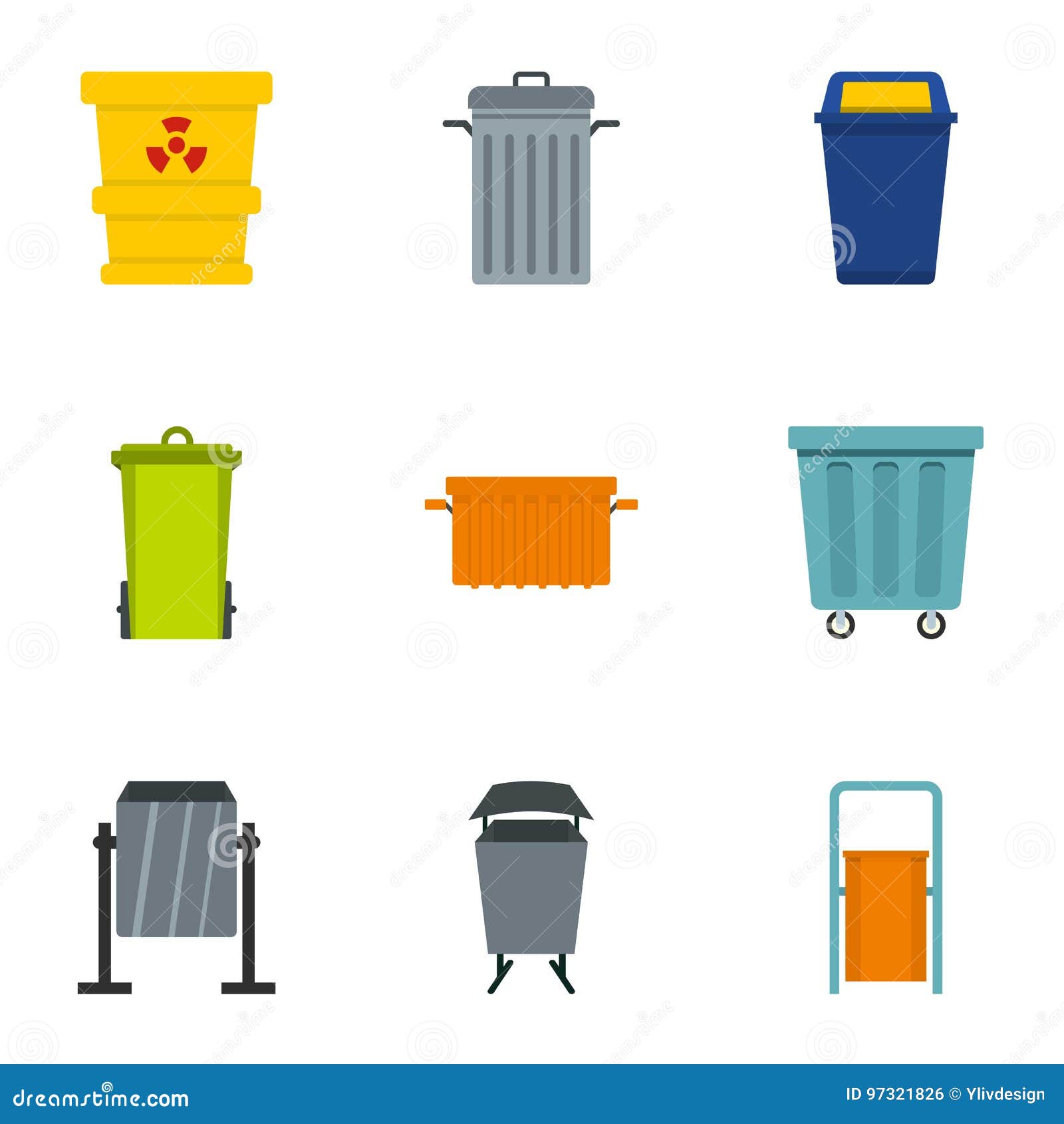Garbage Can Icon Set, Flat Style Stock Vector - Illustration of ...