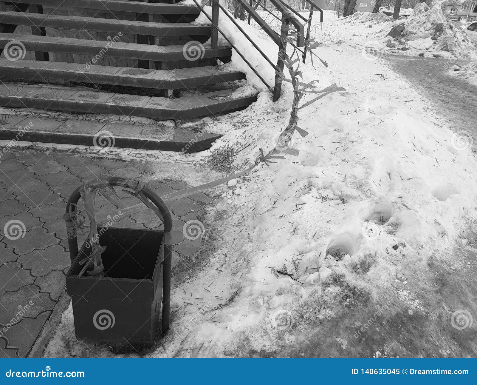 Garbage Can and Uncleaned Stairs in the Snow Stock Image - Image of ...
