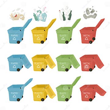 Garbage Cans Vector Hand Draw Illustrations. Many Garbage Cans with Sorted Garbage. Sorting ...