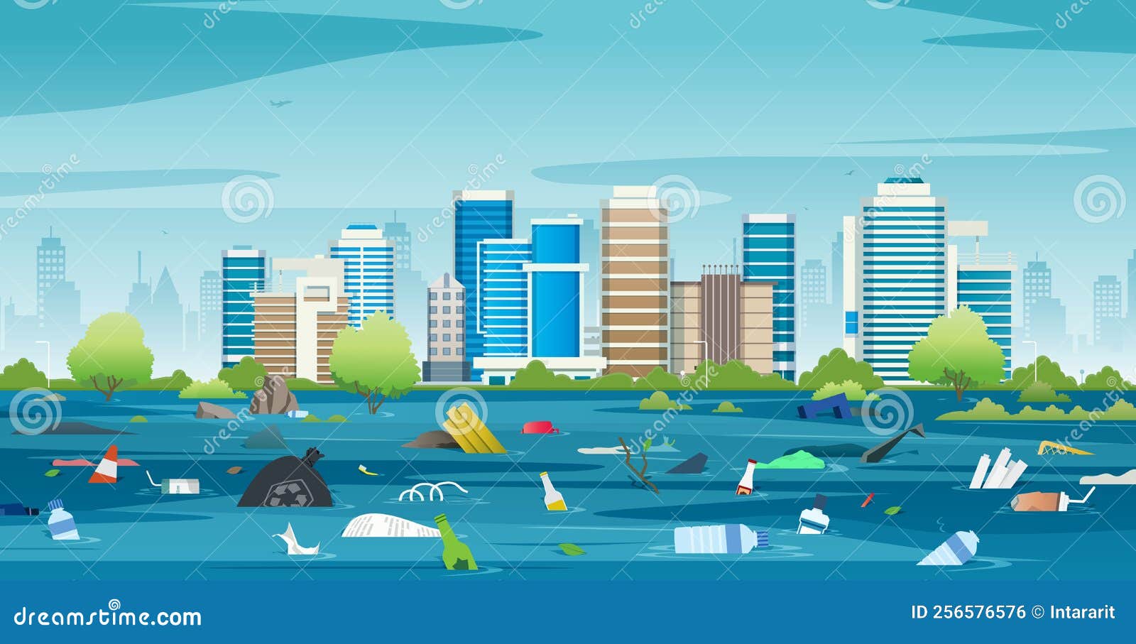 Garbage from city floods. stock vector. Illustration of rubbish - 256576576