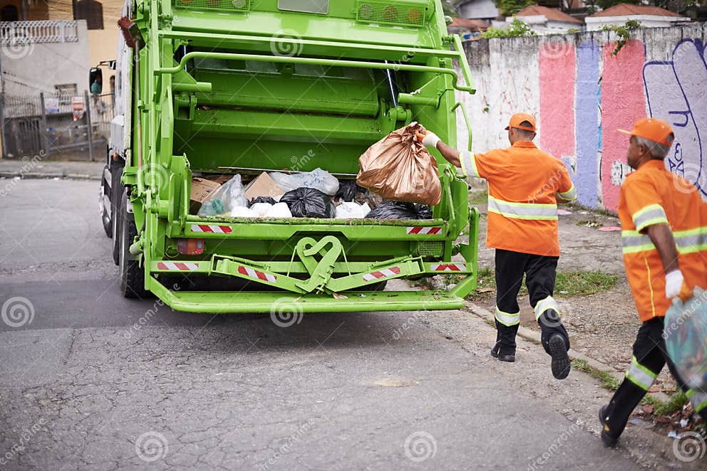 Garbage Collection Day. a Garbage Collection Team at Work. Stock Image ...