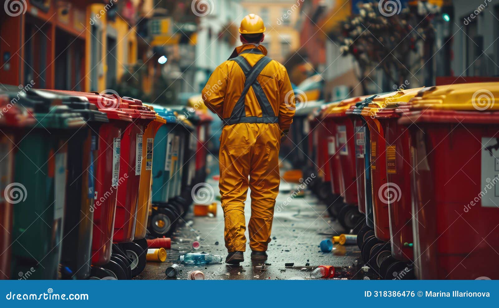 Garbage Collection. Worker among Trash Cans, View from the Back ...