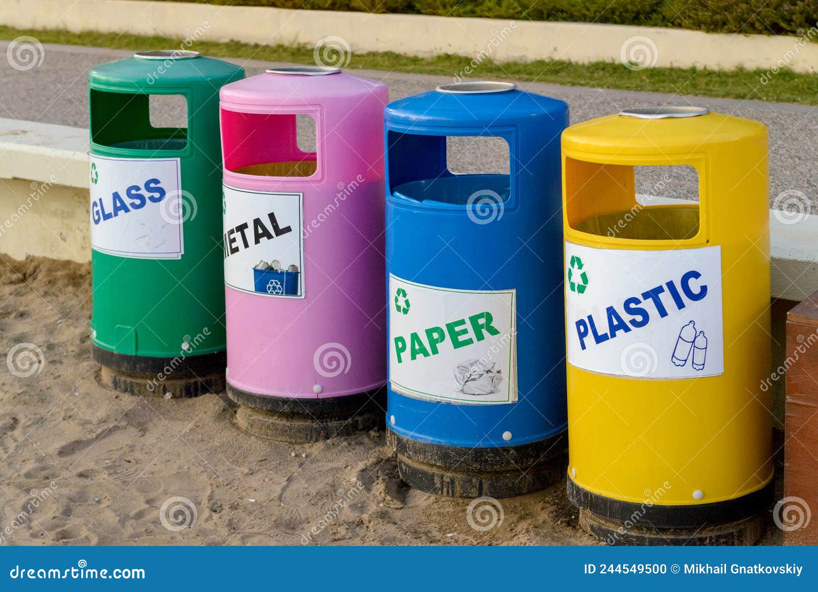 Garbage in Colored Trash Cans with Sorted Garbage Icons. Plastic, Paper ...