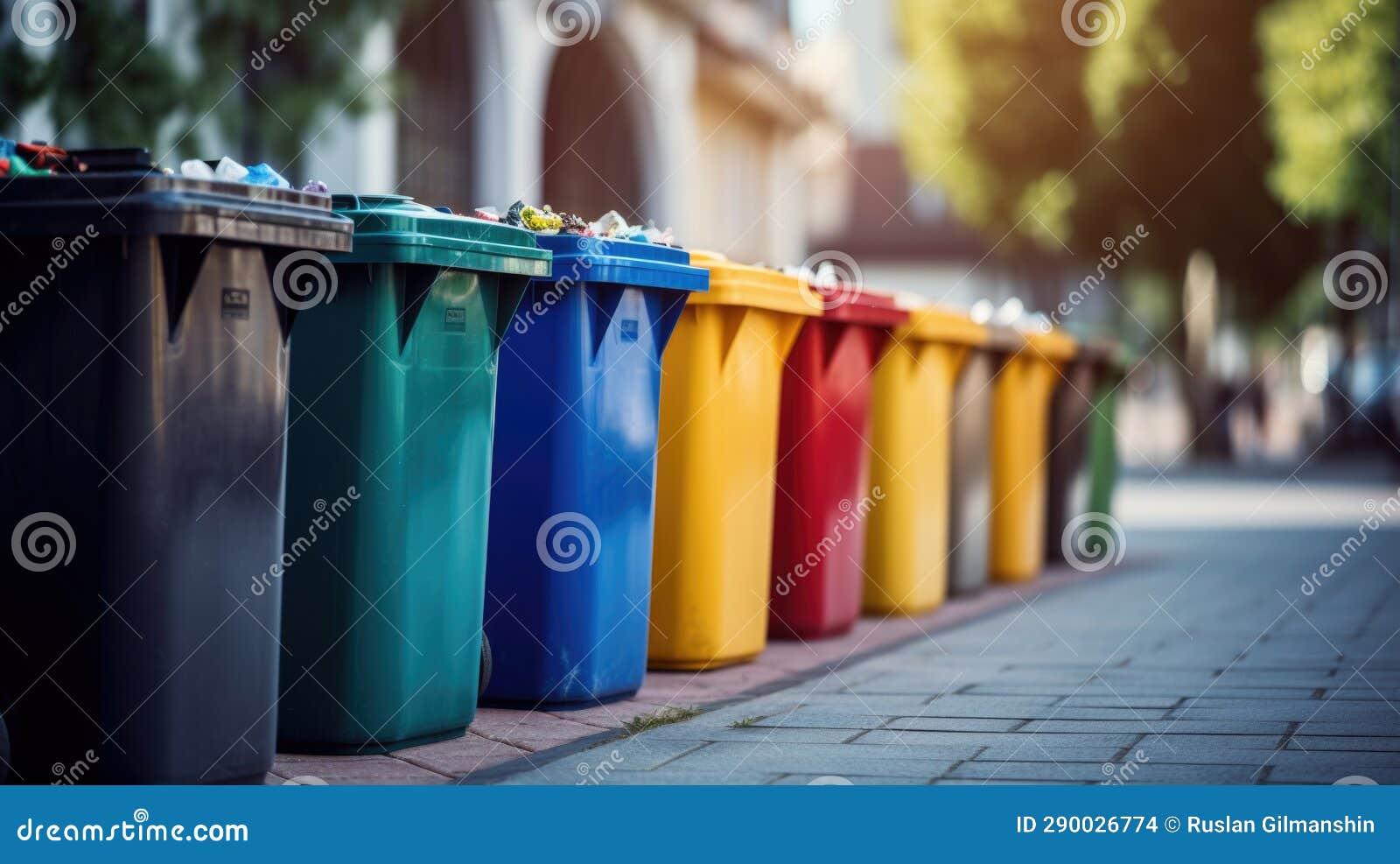 Garbage in Colored Trash Cans with Sorted Garbage. Sorting Garbage by ...