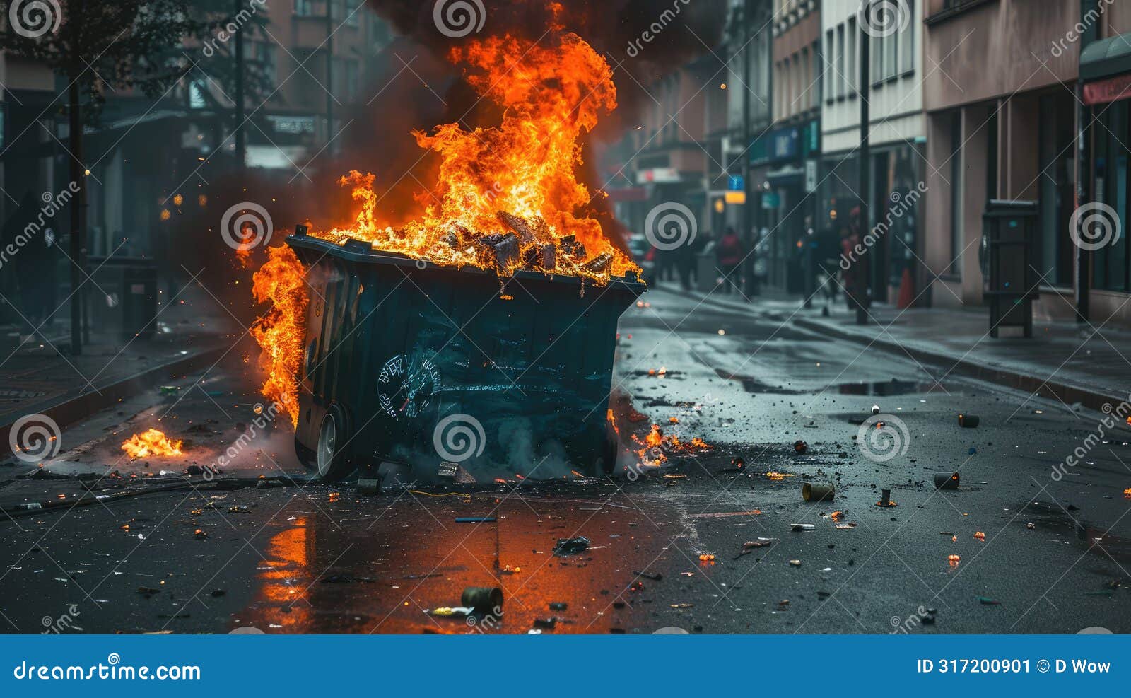 A Garbage Container with Garbage is on Fire on a Street in the City ...