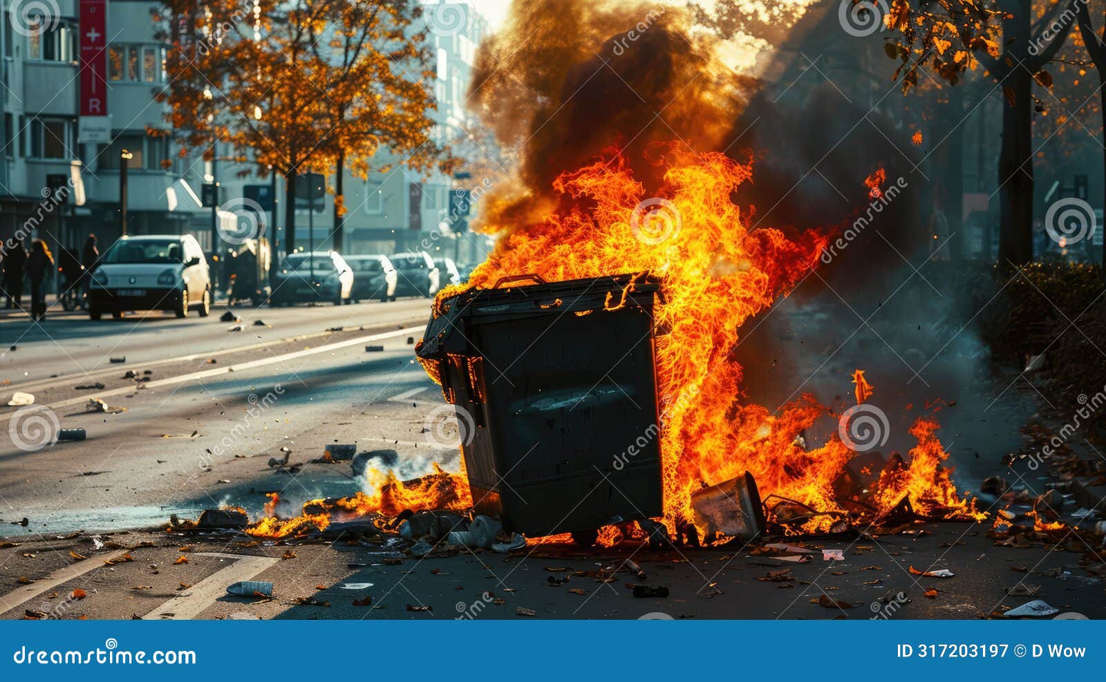 A Garbage Container with Garbage is on Fire on a Street in the City ...
