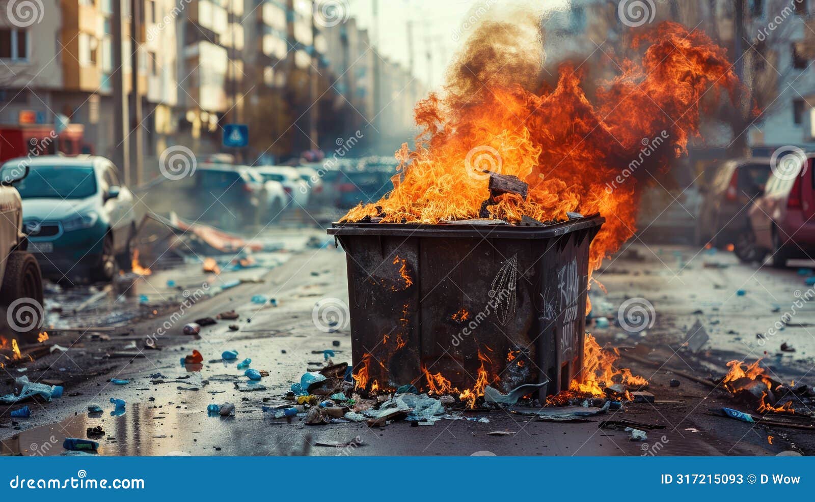 A Garbage Container with Garbage is on Fire on a Street in the City ...
