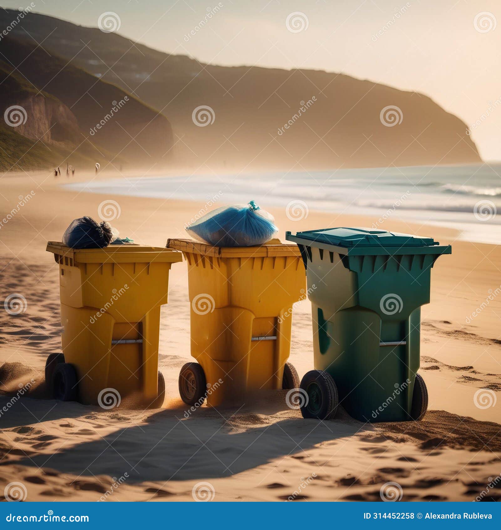 Garbage Containers Installed on Beach. Trash Cans, Bins Stock Photo ...