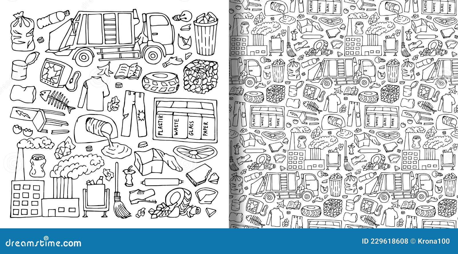 Garbage Doodle Objects Set and Seamless Pattern Stock Vector ...