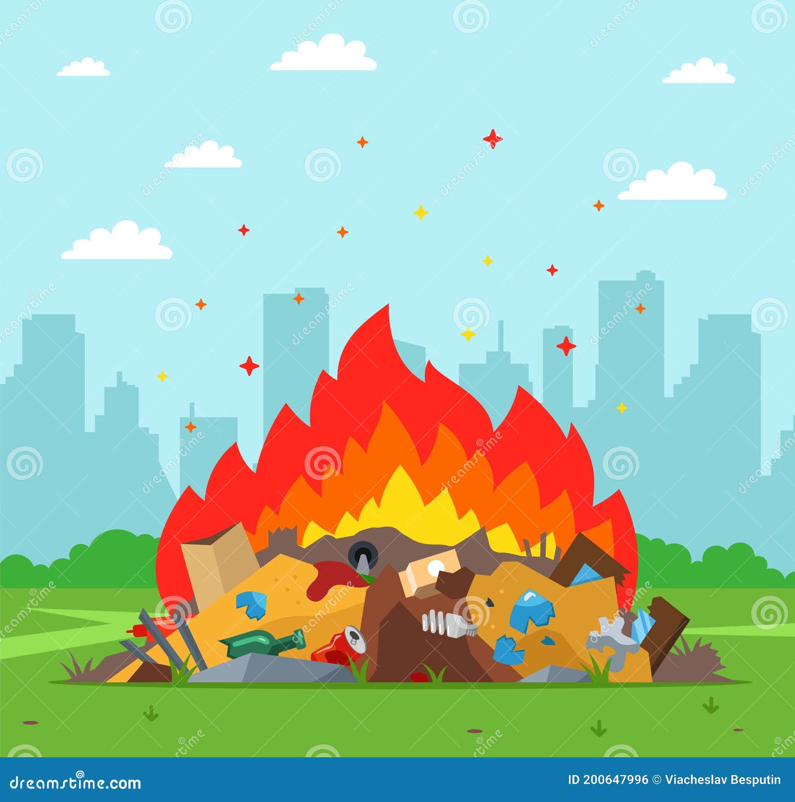 Garbage Dump Is Burning On The Background Of The City. Improper Waste ...