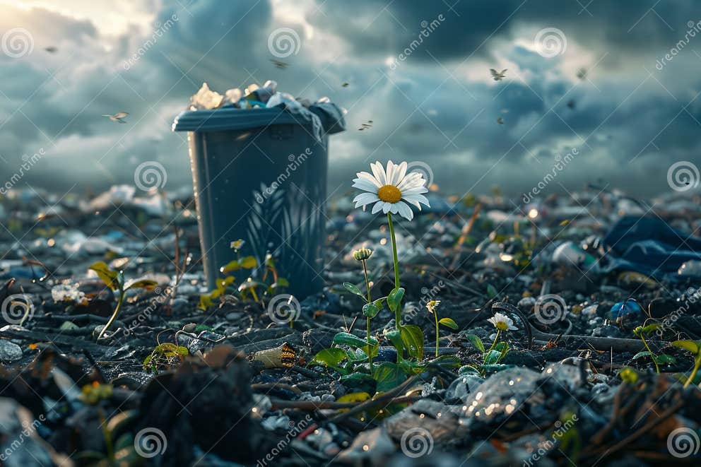 Garbage Dump with Growing Daisy, Concept of Environmental Pollution and ...