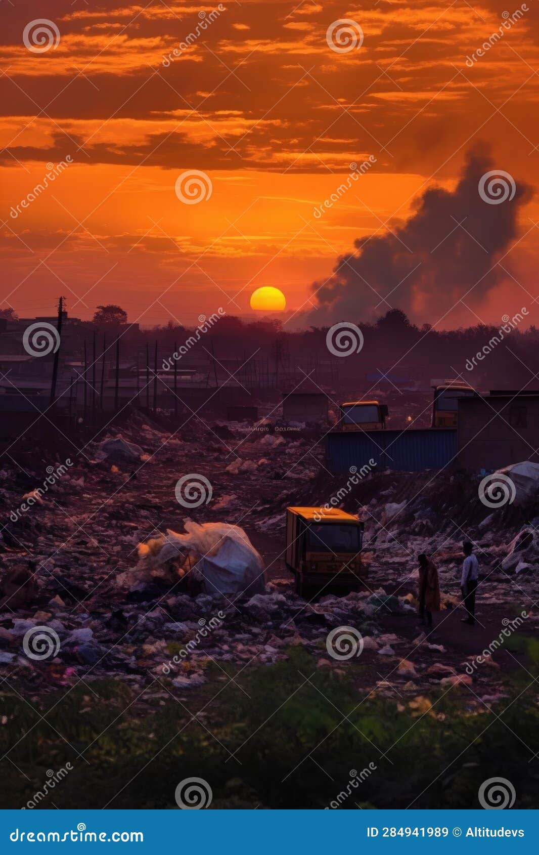 Garbage Dump at Sunset, Silhouetting the Heaps of Waste Stock ...
