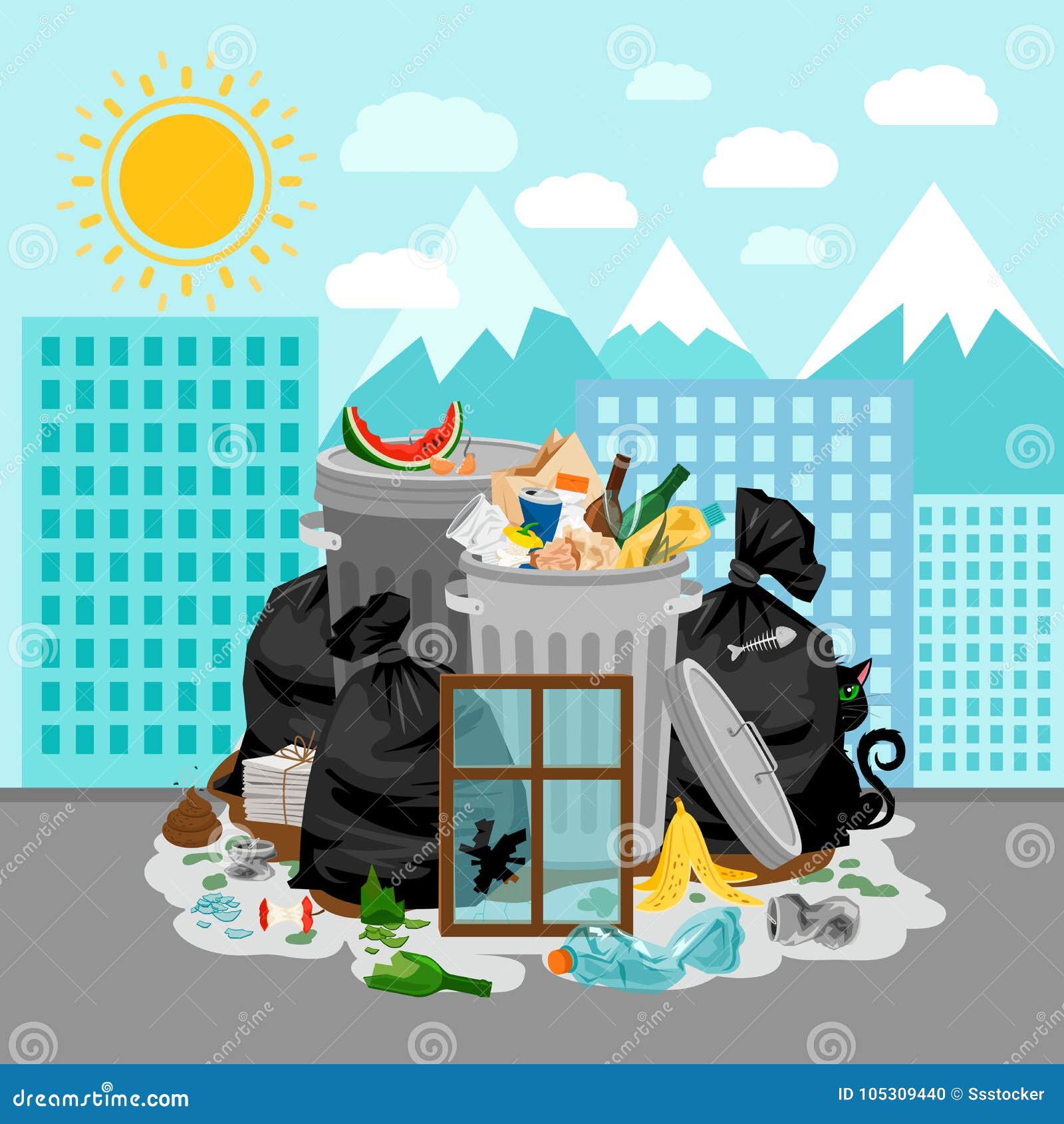 Garbage Dump on Urban Landscape Background Stock Vector - Illustration ...
