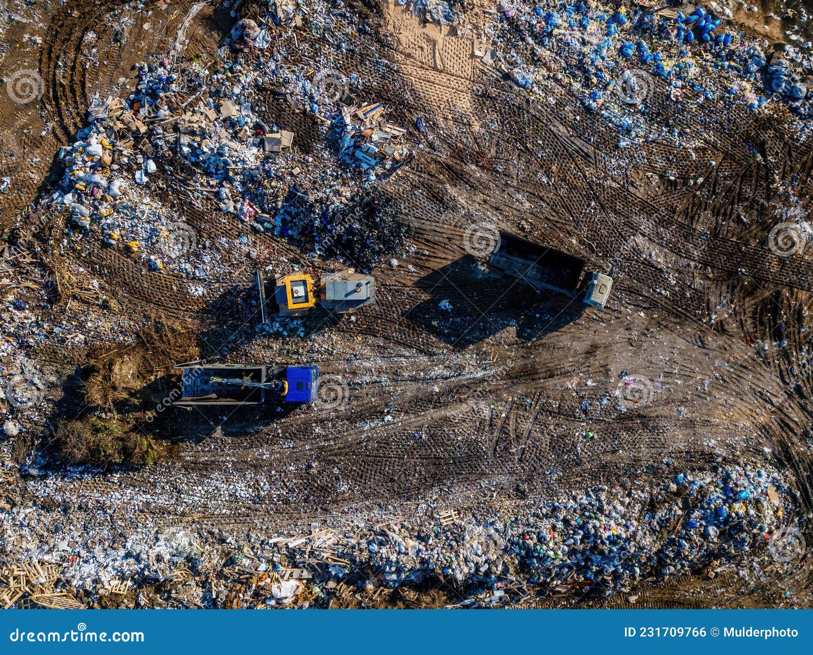 Garbage Dump and Working Dump Truck and Bulldozer, Aerial Top View ...