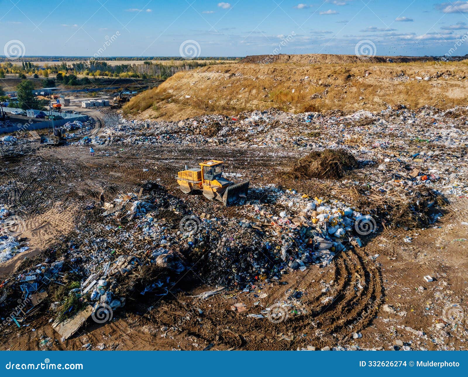 Garbage Dump and Working Dump Truck and Bulldozer, Aerial View Stock ...