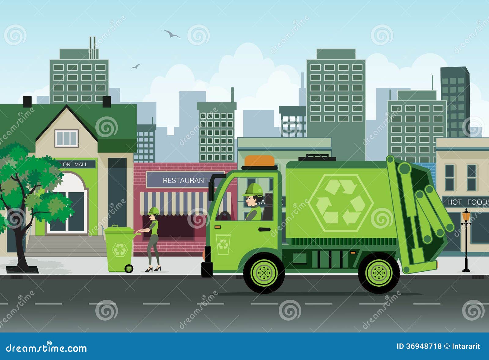 Garbage Truck Collecting Trash In City, People Sorting Waste For ...