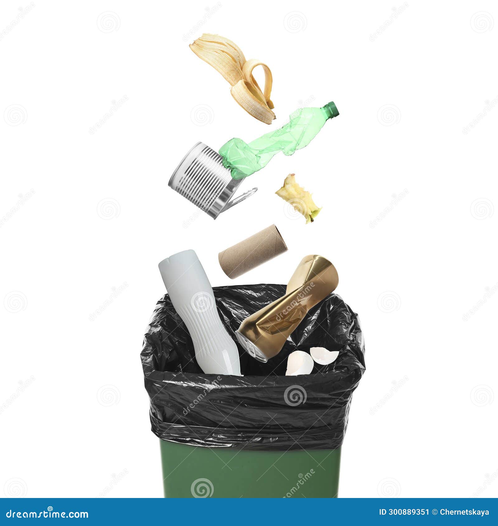 Garbage Falling into Trash Bin on White Background Stock Image - Image ...