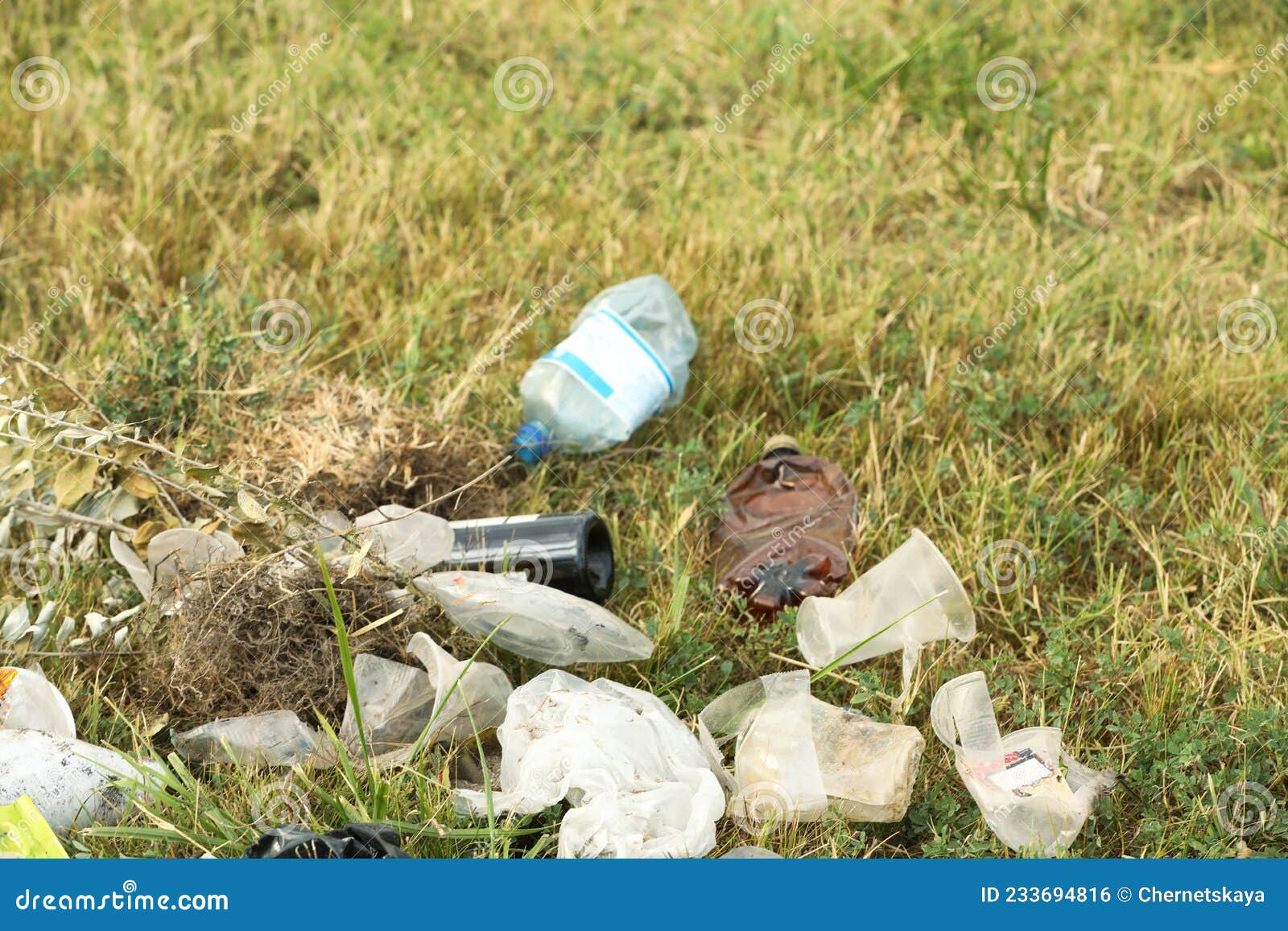 Garbage Scattered on Grass. Environment Pollution Problem Stock Photo ... Garbage Scattered on Grass. Environment Pollution Problem Stock Photo ...