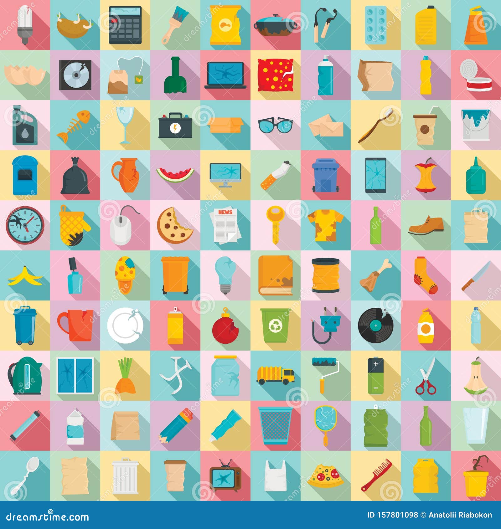 Garbage Icons Set, Flat Style Stock Vector - Illustration of money ...