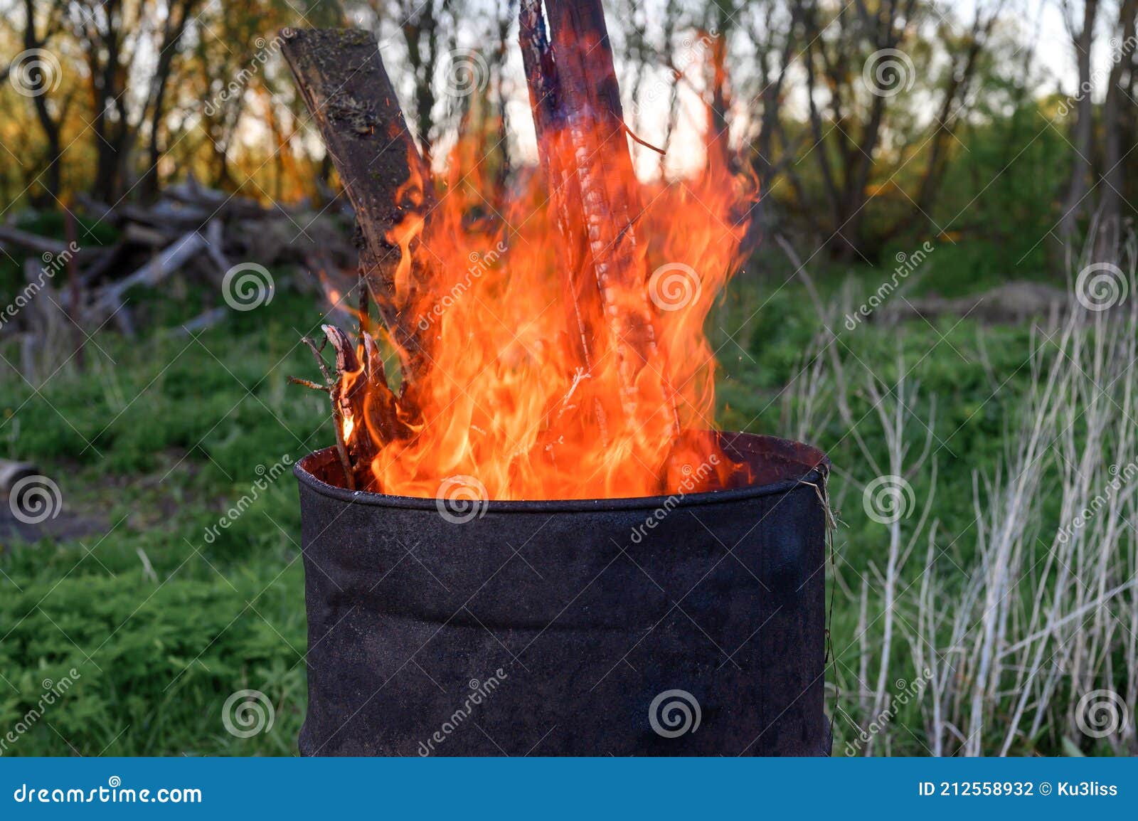 Garbage Incineration in Rusty Metal Barrel. Burning Branches and Old ...