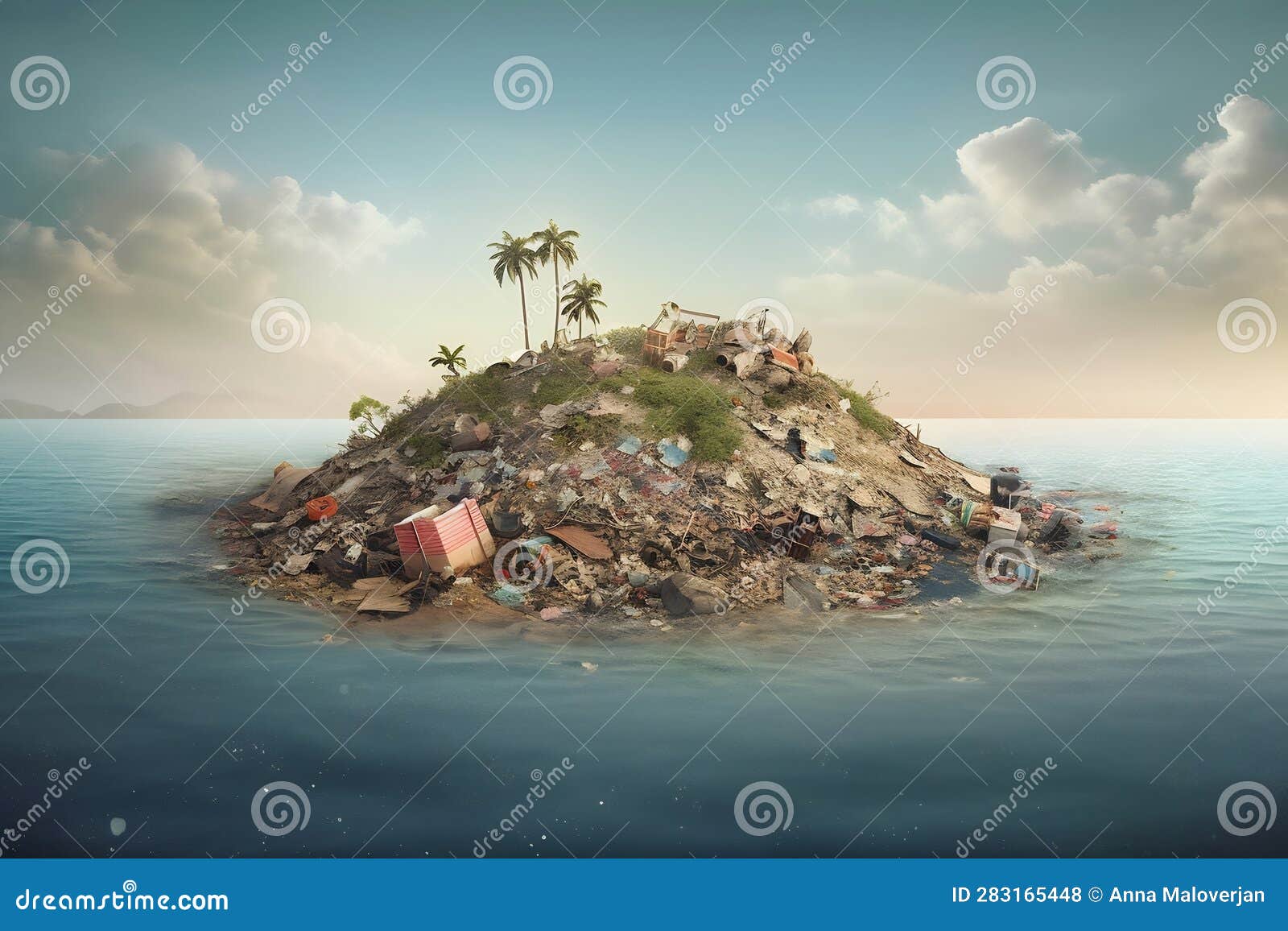 Garbage Island in the Ocean Sea Stock Illustration - Illustration of ...