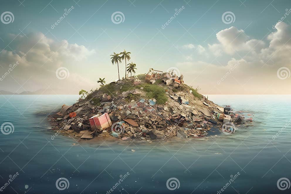 Garbage Island in the Ocean Sea Stock Illustration - Illustration of ...