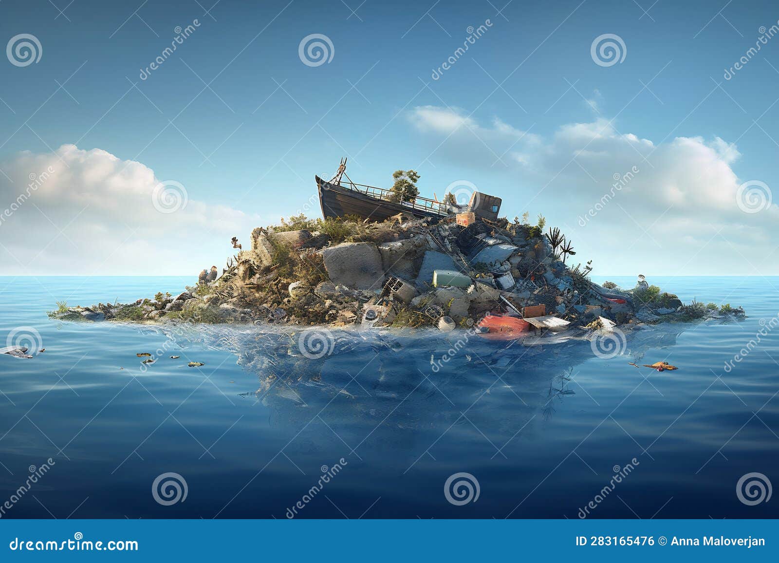 Garbage Island in the Ocean Sea Stock Illustration - Illustration of ...