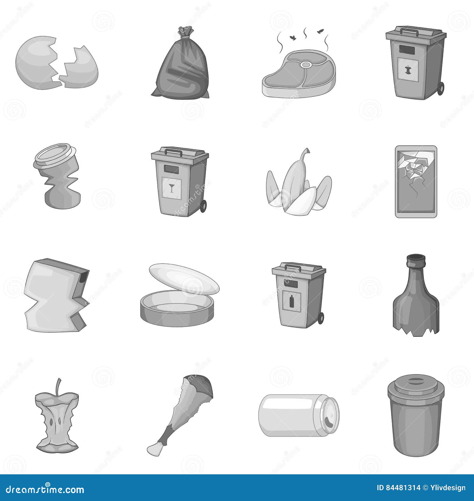 Garbage Items Icons Set, Monochrome Style Stock Vector - Illustration ...