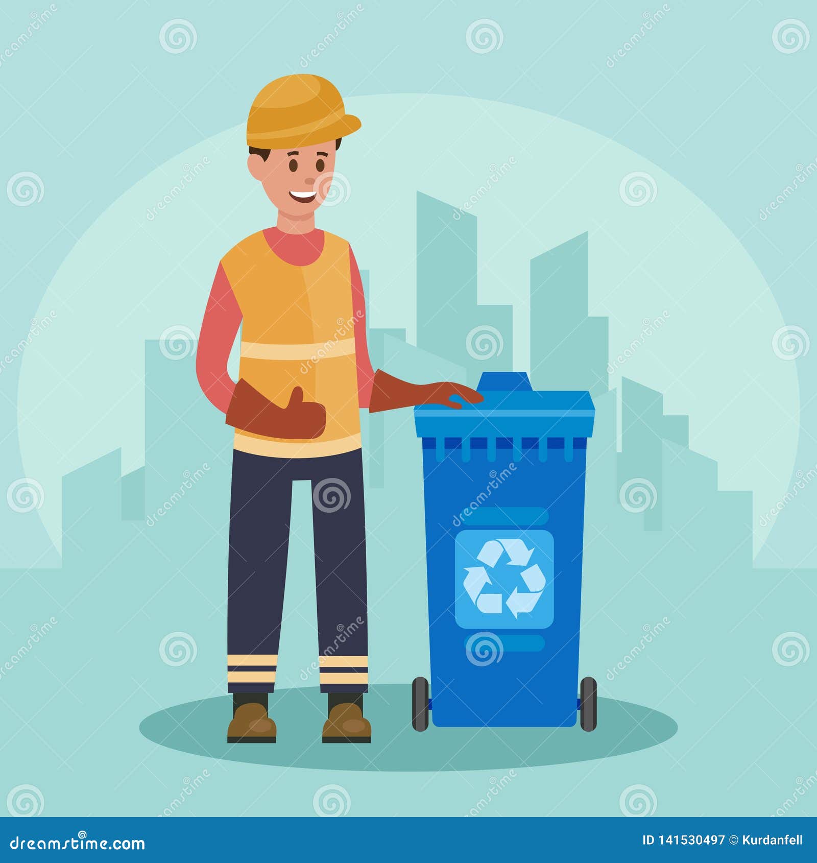 Garbage Man with Trash Container. Recycling Concept. City Background ...