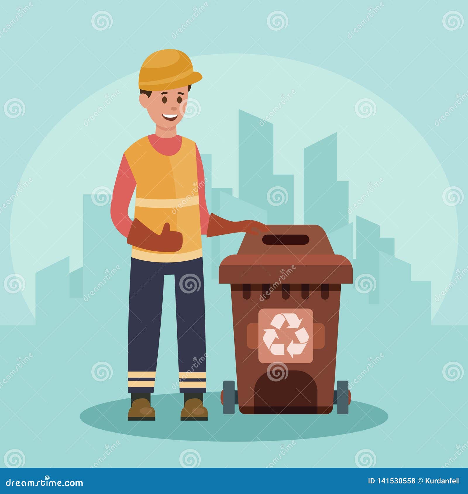 Garbage Man with Trash Container. Recycling Concept. City Background ...