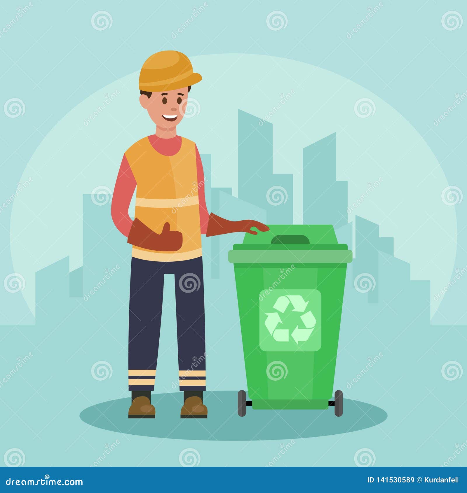 Garbage Man with Trash Container. Recycling Concept. City Background ...