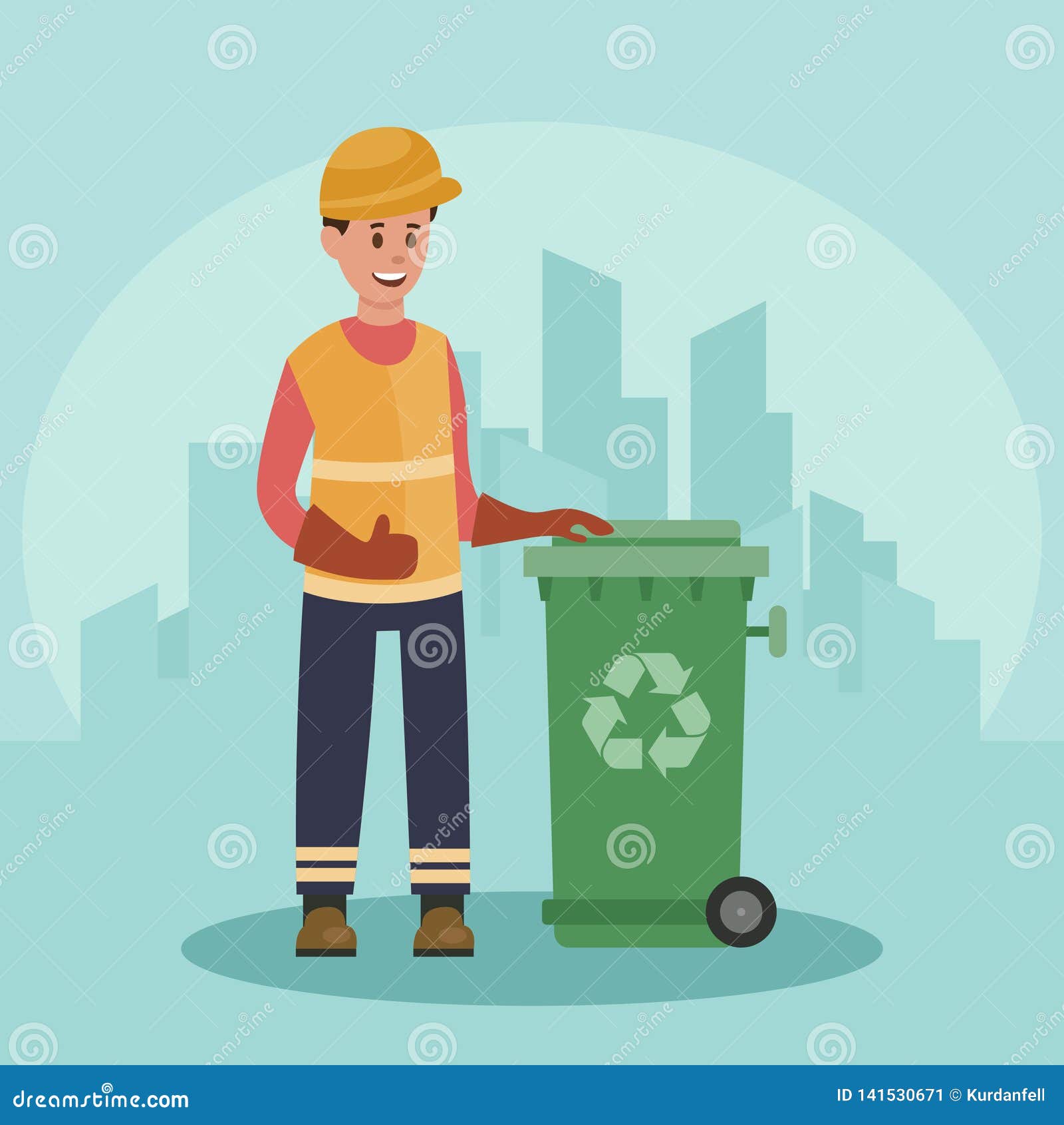 Garbage Man with Trash Container. Recycling Concept. City Background ...