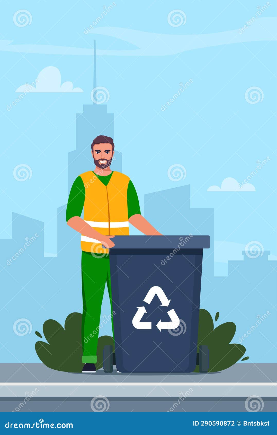 Garbage Man in Uniform with Black Trash Bin and Recycling Symbol on it ...
